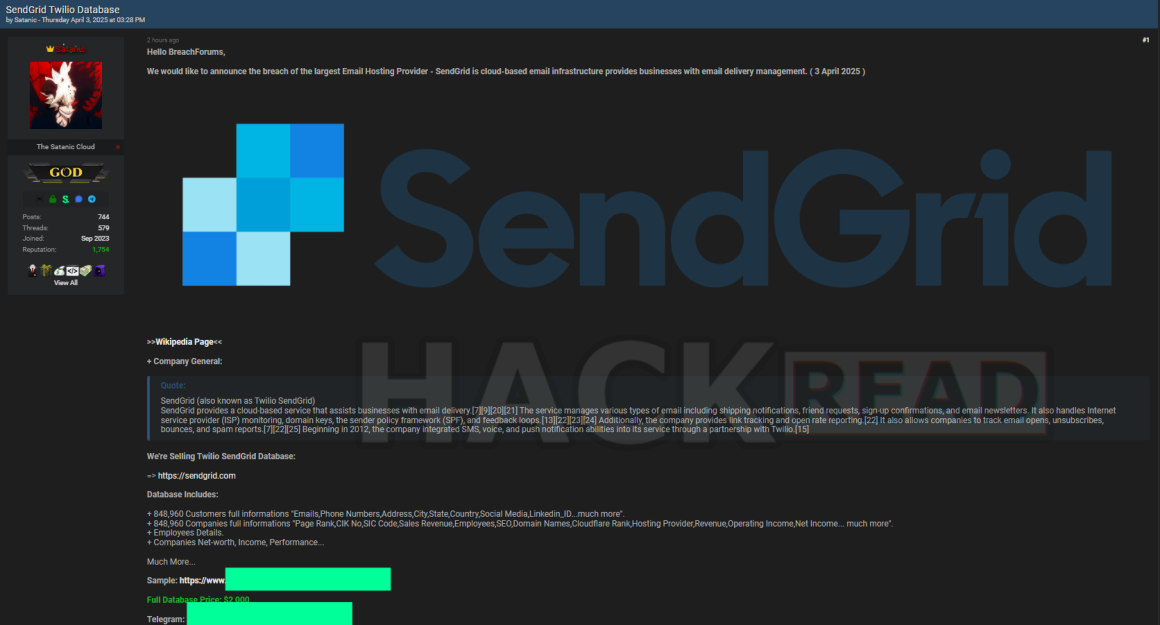Hacker Claims Twilio’s SendGrid Data Breach, Selling 848,000 Records (UPDATED) – Hackread ...