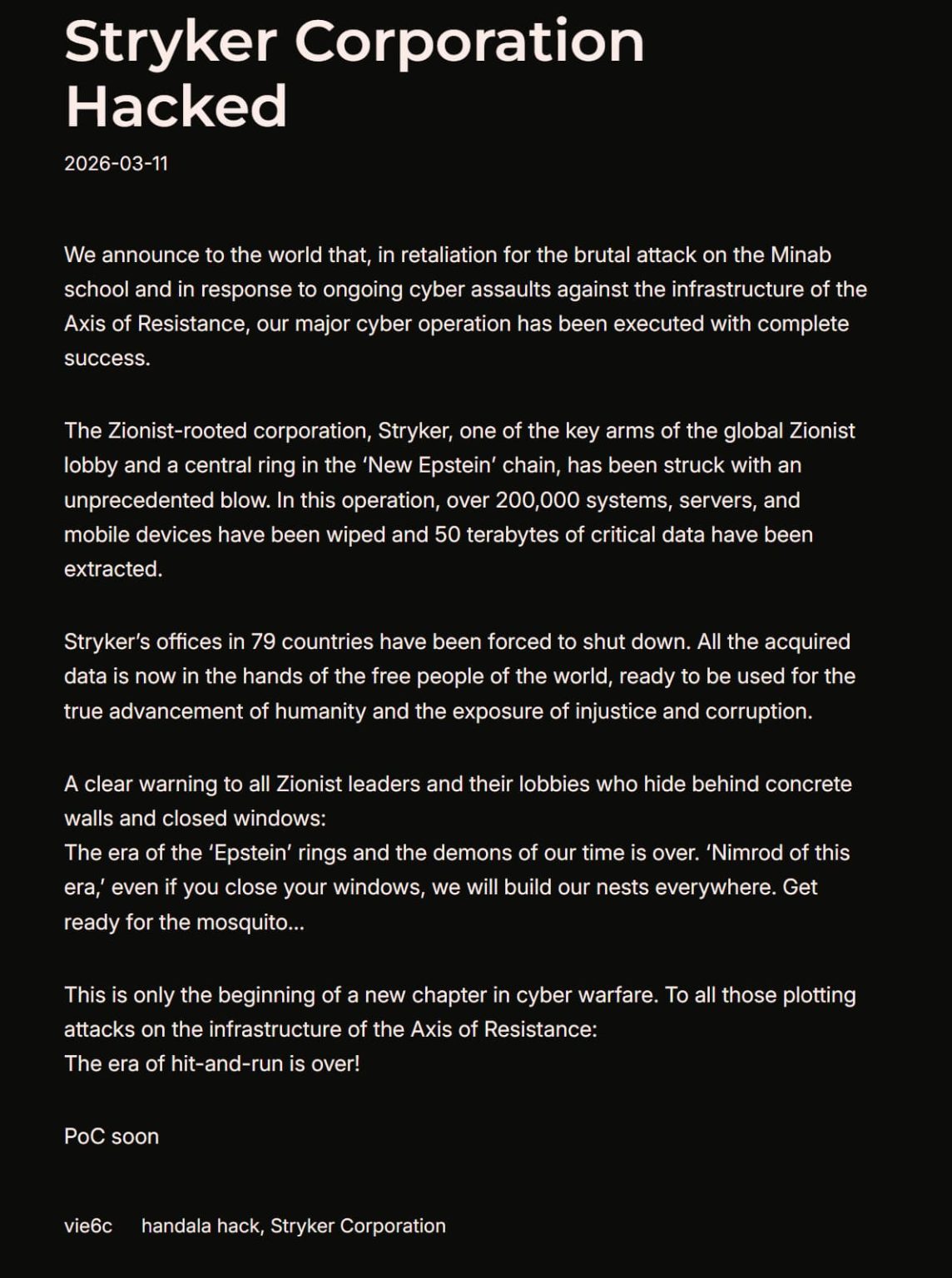 Iran-Linked Handala Hackers Claim Major Hacks on Stryker and Verifone