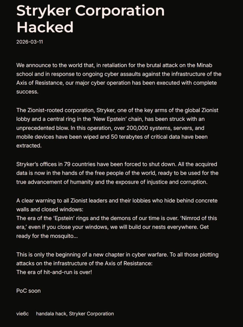 Iran-Linked Handala Hackers Claim Major Hacks on Stryker and Verifone